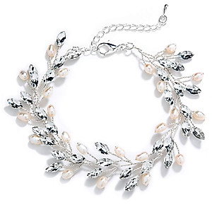 Mariell Bridal and Wedding Silver Bracelet with Crystal Gems and Freshwater Pearls, Fits 7" to 8 ½" Wrist
