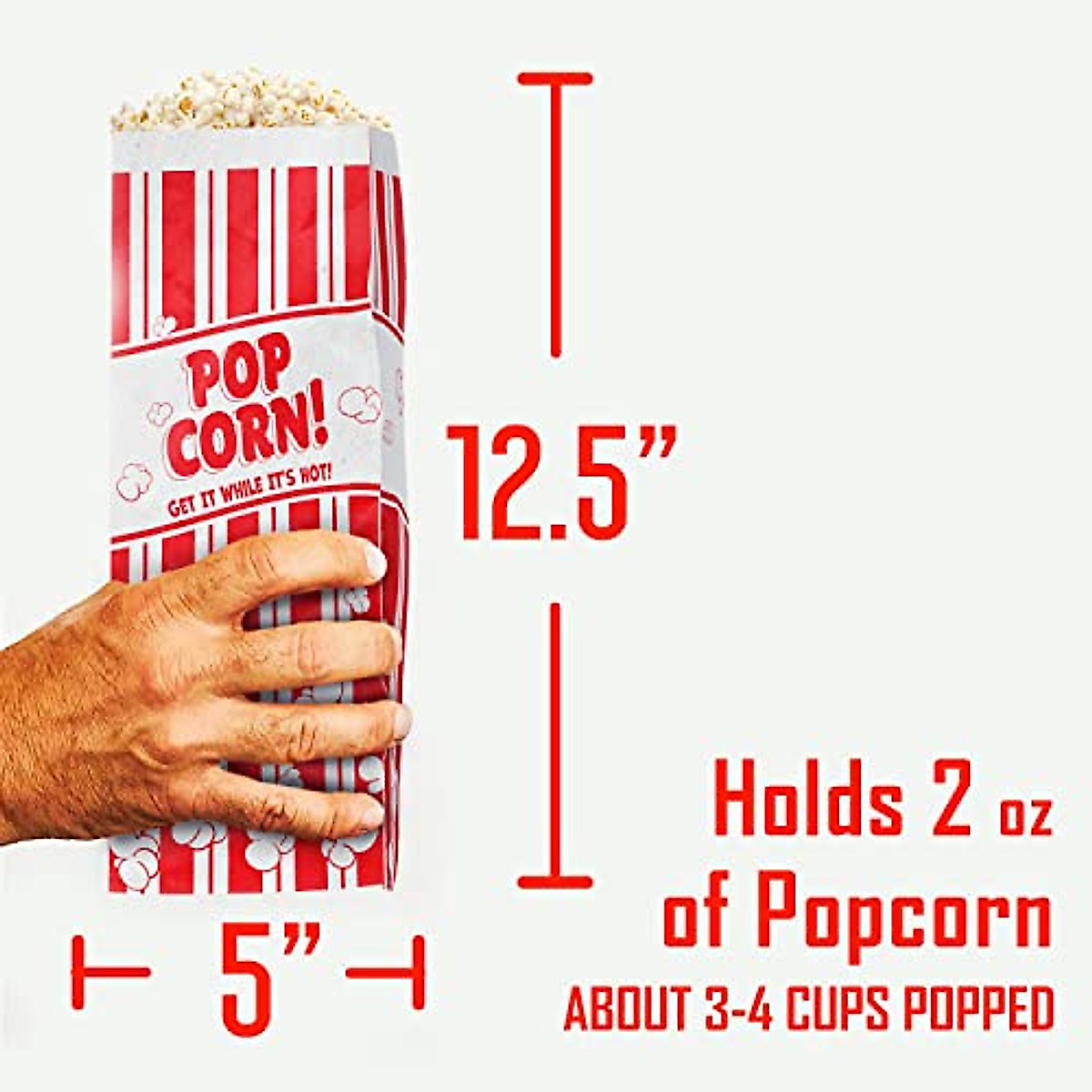 Leak-proof, Grease Resistant Popcorn Bags 500 Pack. Tear Resistant, Single Serving 2oz Paper Sleeves in Nostalgic Red/White Design. Great Movie Theme Party Supplies, Retro Carnivals & Fundraisers