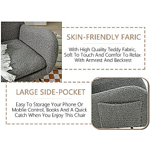 BOSTANA Rocking Chair Nursery,Wood Teddy Upholstered Rocker Chair with Adjustable High Backrest,Soft Armrests and Movable Headrest, Accent Glider Armchair for Living Room, Bedroom,Lounge (Gray)