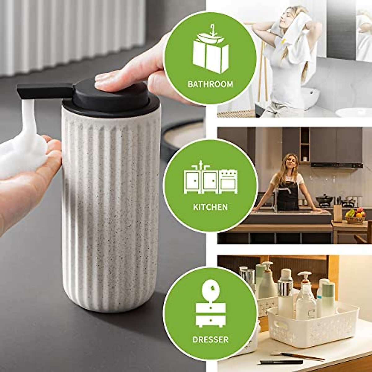 Foaming Soap Dispenser 16oz Removable Ceramic Lotion Dispenser, Cylindrical Stripe Kitchen Bathroom Pump Bottle with Foam Bottle Pump(Cream)