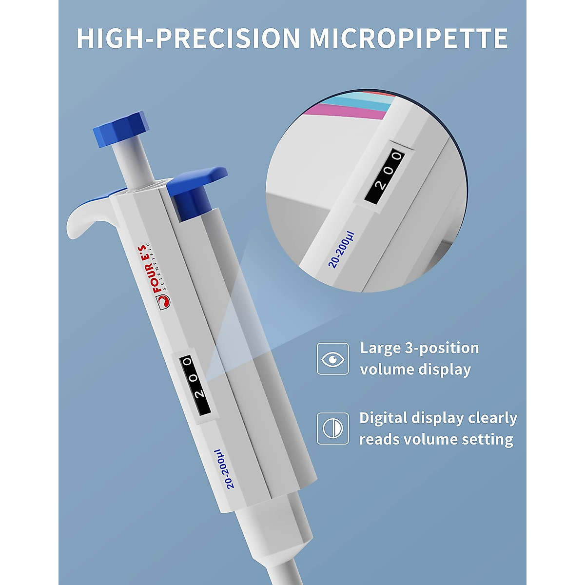 Adjustable Pipettes 20-200μl, Single Channel Pipette Lab Micropipettes Variable Volume, Four E's Scientific