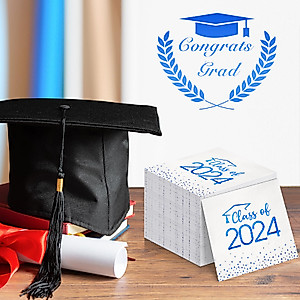100Pcs Class of 2024 Graduation Napkins, Disposable Congrats Grad Paper Cocktail Napkins Square Foil Dot Hand Towels for 2024 School University College Graduation Party Decorations（Blue）