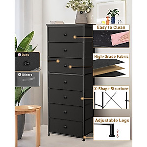 Tall Fabric Dresser for Bedroom, Vertical Storage Organizer Tower with 7 Drawers, Chest of Drawers with Bins, Steel Frame, Wood Top for Bedroom, Closet, Entryway Black