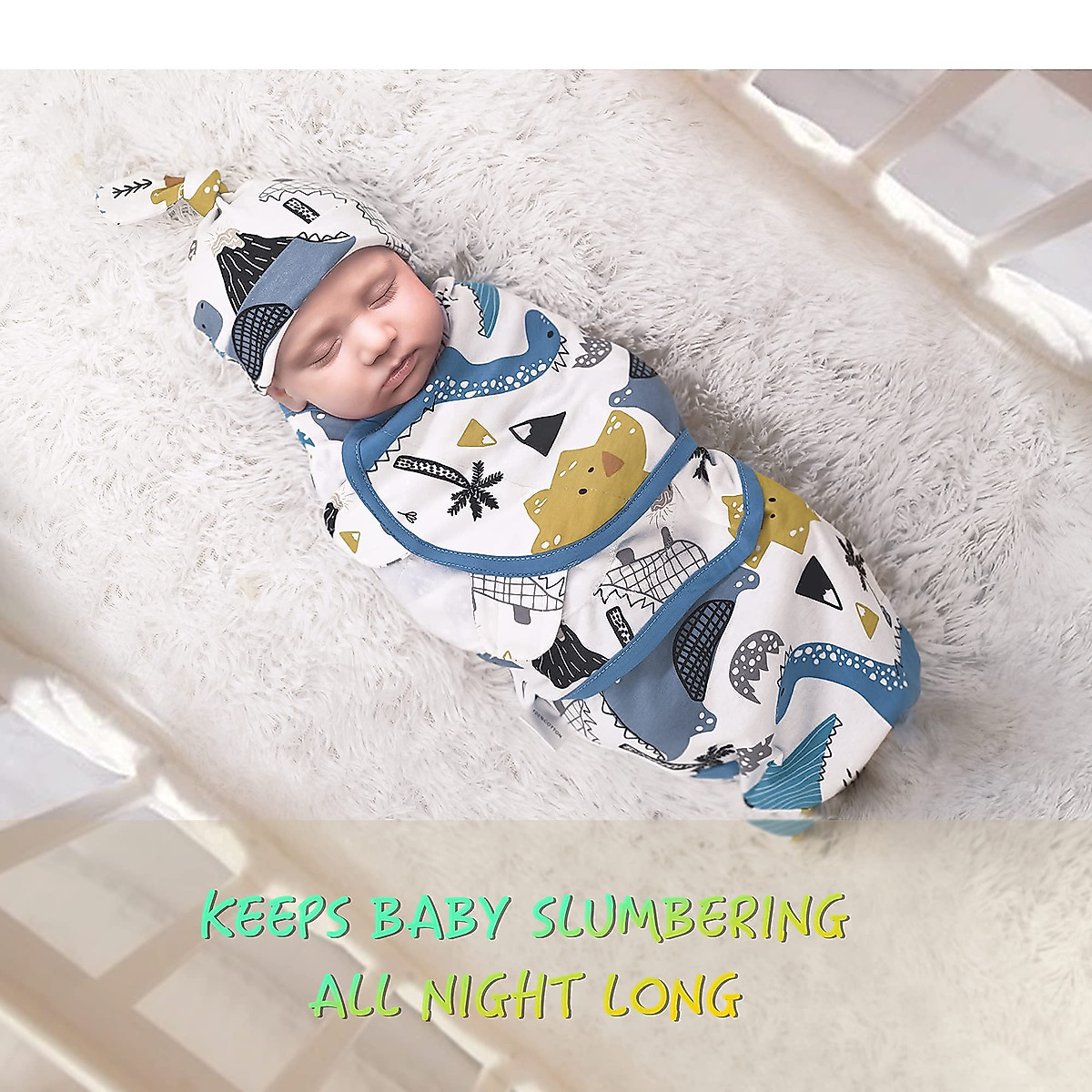 SEZUO Boys Swaddle Set, Large, 3pcs Wrap Blankets with 3pcs Baby Cotton Caps,3-6 Months (Doodle Dinosaur)