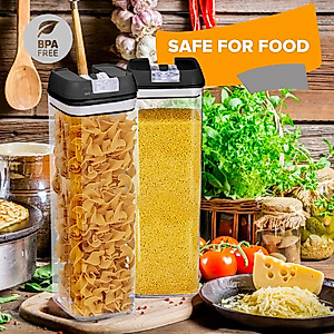 Cheer Collection One Size Airtight Food Storage Containers - Set of 4 IDENTICAL 65 oz Pantry Organizer Bins plus Marker and Labels - Black Lids