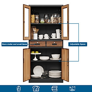 PEUKC Kitchen Pantry Cabinet, 71" Freestanding Kitchen Pantry Storage Cabinet with Drawer and Adjustable Shelves, Metal Tall Pantry Cabinet Cupborad with Glasses Doors, Wood Color