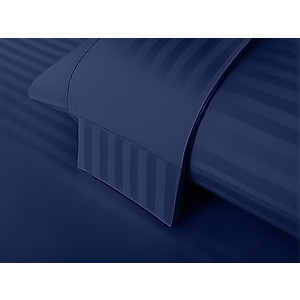 Cotton King Size Sheets, 4 Piece Sheet Set, Deep Pocket up to 16", Sheet & Pillowcase Set, Deep Pocket Hotel Bed Sheets, Breathable & Cooling, Soft Comfy and Quality Sheets (Striped,Navy Blue,King)