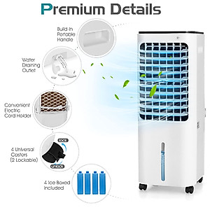 COSTWAY Evaporative Cooler, 4-In-1 Bladeless Cooler with 4 Modes, 3 Speeds, Timer, 12L Water Tank, LED Display, Portable Air Cooler with Remote Control 4 Ice Packs for Indoor Use, Bedroom, White