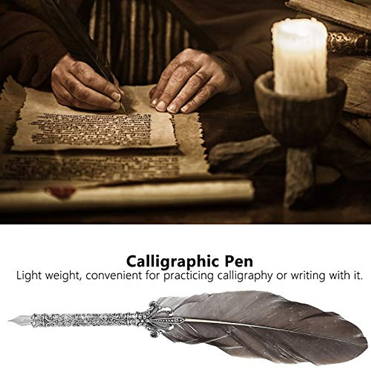Quill Pen with Carving,Vintage Feather Calligraphy Pen Ink Set with 5 Pen Tip Replacement,Ink Bottle,Handcrafted Feather Pen Gift Box(Grey)