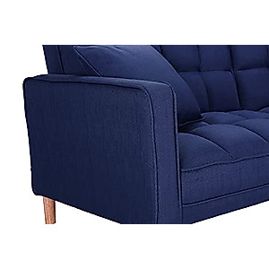 Modern Futon Sofa Bed, 75" Convertible Sleeper Sofa with Armrests and Guests w/ 2 Pillows, Recliner Couch with 5 Solid Wooden Legs, Twin Size Sofa for Living Room (Navy Blue+Fabric)