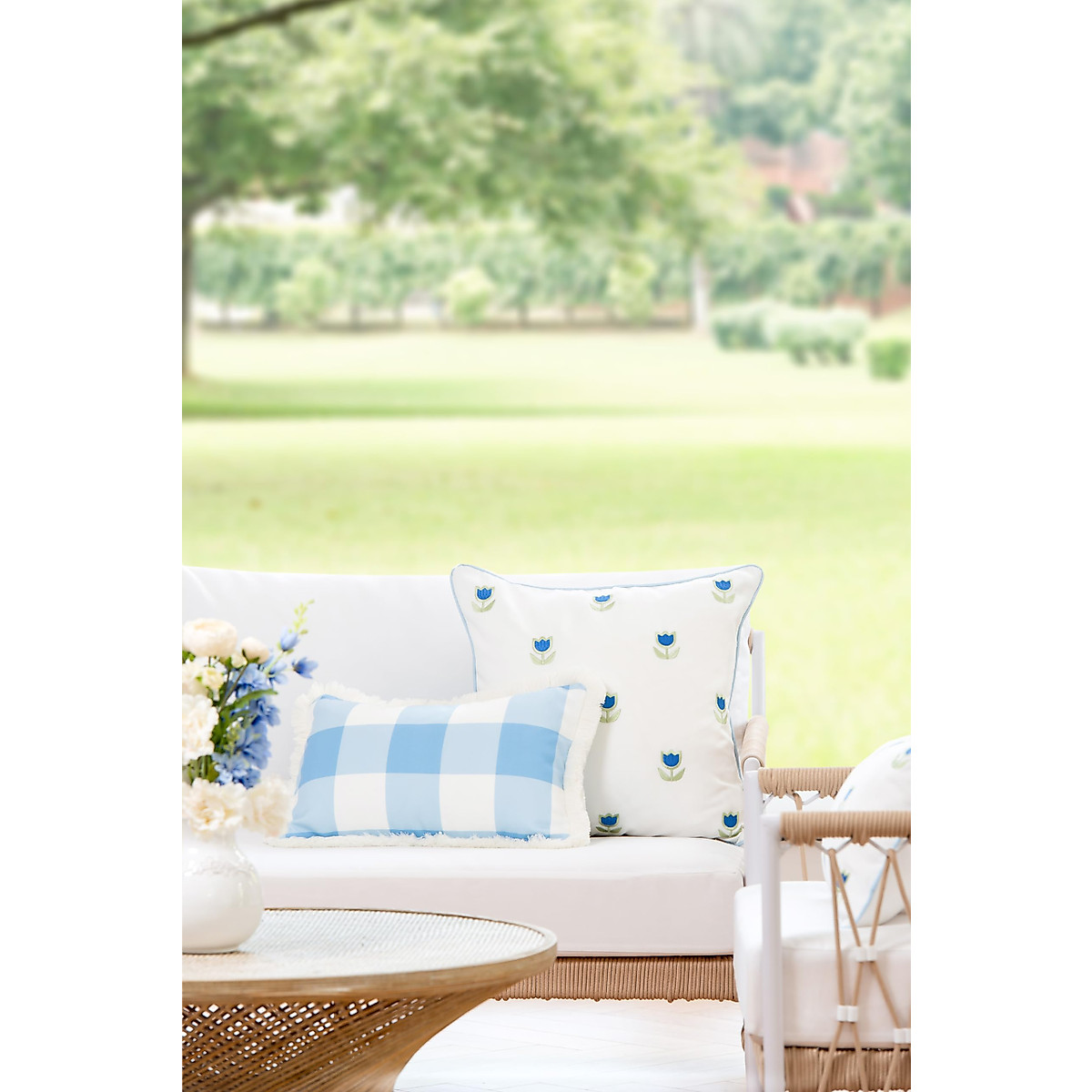 Hofdeco Premium Coastal Patio Indoor Outdoor Throw Pillow Cover Only, 20”x20” Water Repellent for Backyard, Couch, Baby Blue Green Embroidered Tulips Floral with Piping