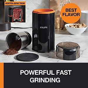 Krups Silent Vortex Coffee and Spice Grinder with Removable Dishwasher Safe Bowl 12 Cup Easy to Use, 5 Times Quieter 175 Watts Dry Herbs, Nuts, Black