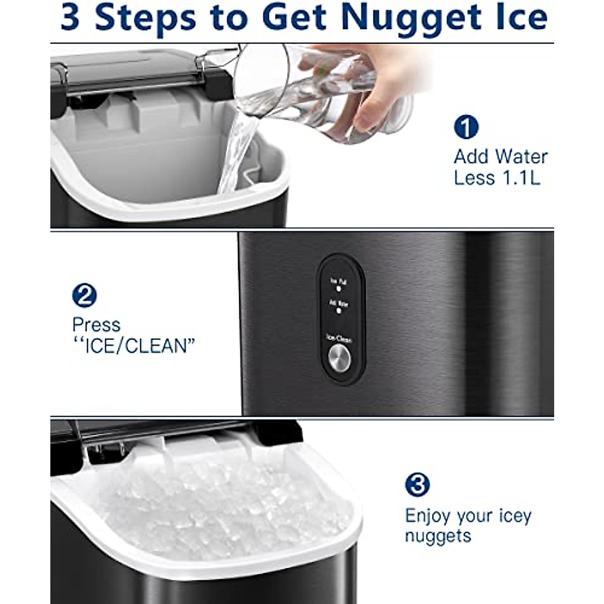 Kndko Nugget Ice Maker with Handle,33lbs/Day, Produce a Basket in 1.5 Hour, Self-Cleaning, One-Click Design, Compact Ice Maker Nugget with Chewy Ice for Home Bar Party,Black