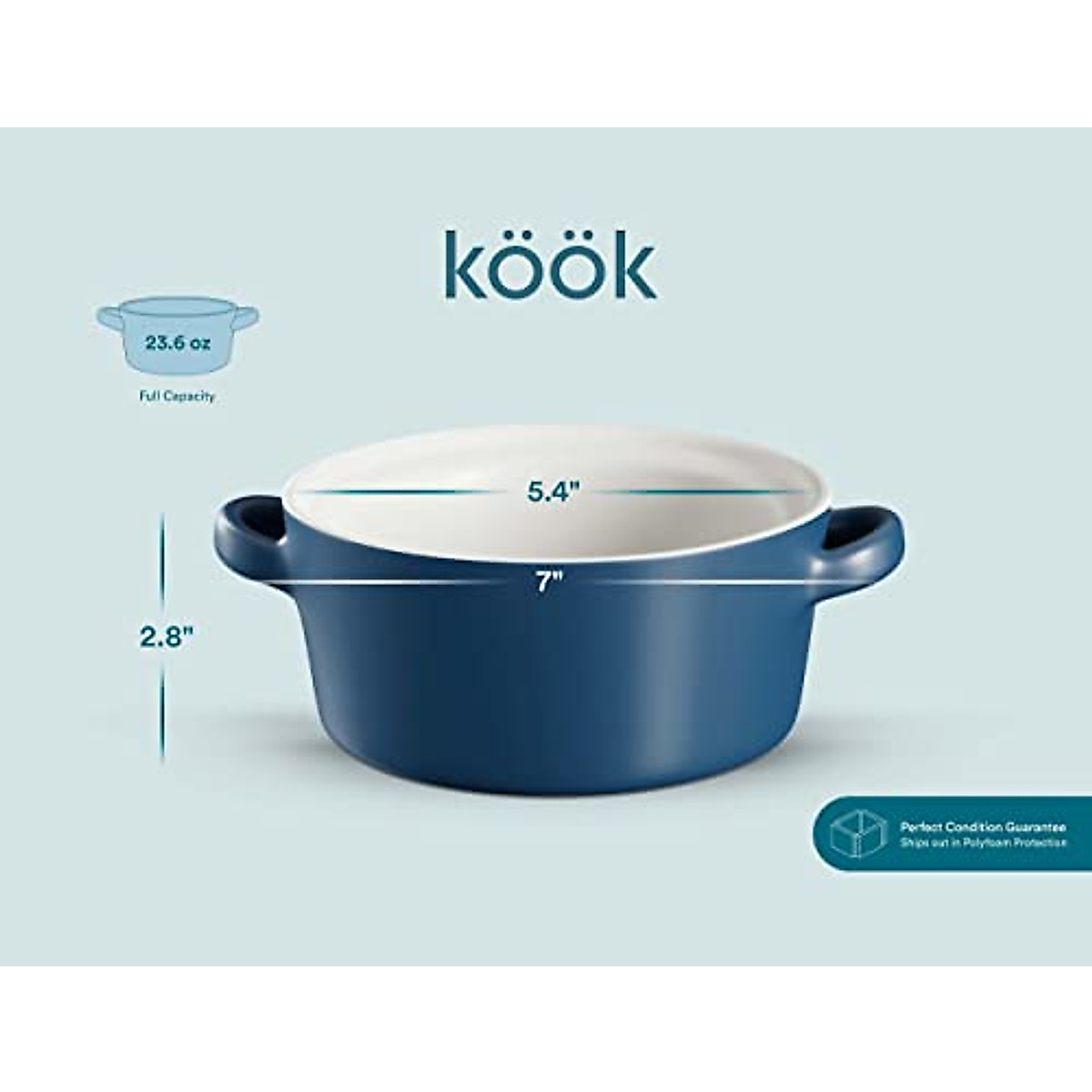 KooK Soup Crocks, Ceramic Stackable Bowls, Broil, Oven, Microwave and Dishwasher Safe, with Handles, For Casserole, Pasta, Cereal, 23.6 oz, Set of 4 (Matte Blue)