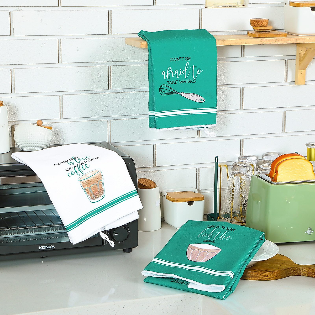 Bencailor 6 Pcs Kitchen Towels Absorbent Dish Towels Decorative Tea Towels Fast Drying Dish Cloths Hanging Reusable Cleaning Dishcloths for Cooking Baking Housewarming (Teal,Baking)