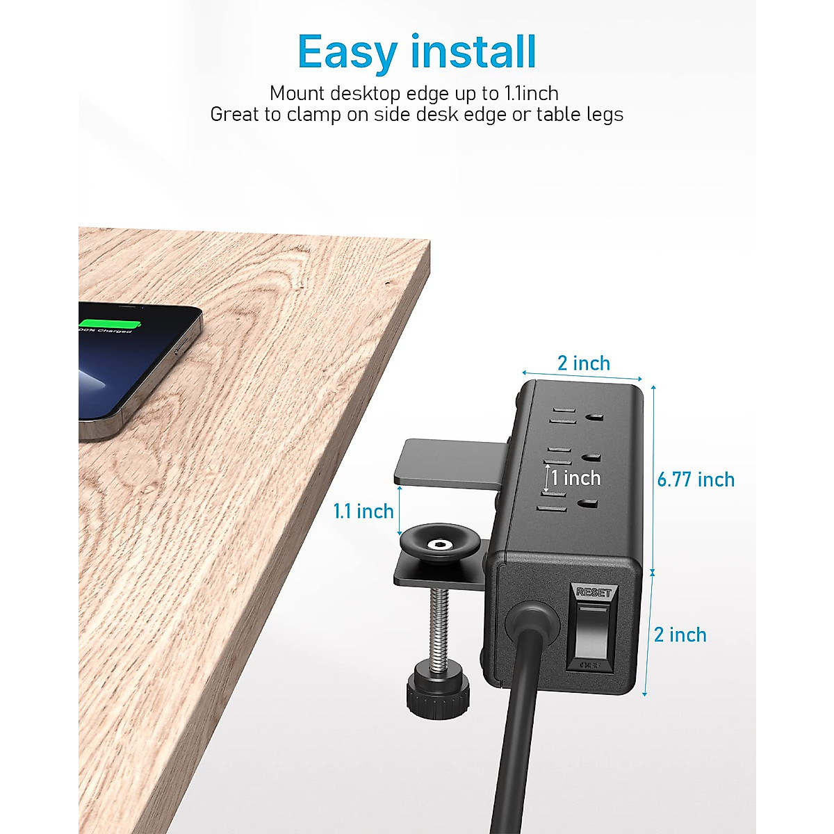 CCCEI Desk Side Clamp Power Strip with 9 Outlet, Desk Top Tube Edge Mount Outlet with USB-A and USB-C Ports, Under Desk Table Leg Widely Spaced Surge Protector Outlet Station, Fit 1.1 inch Edge, 6FT.