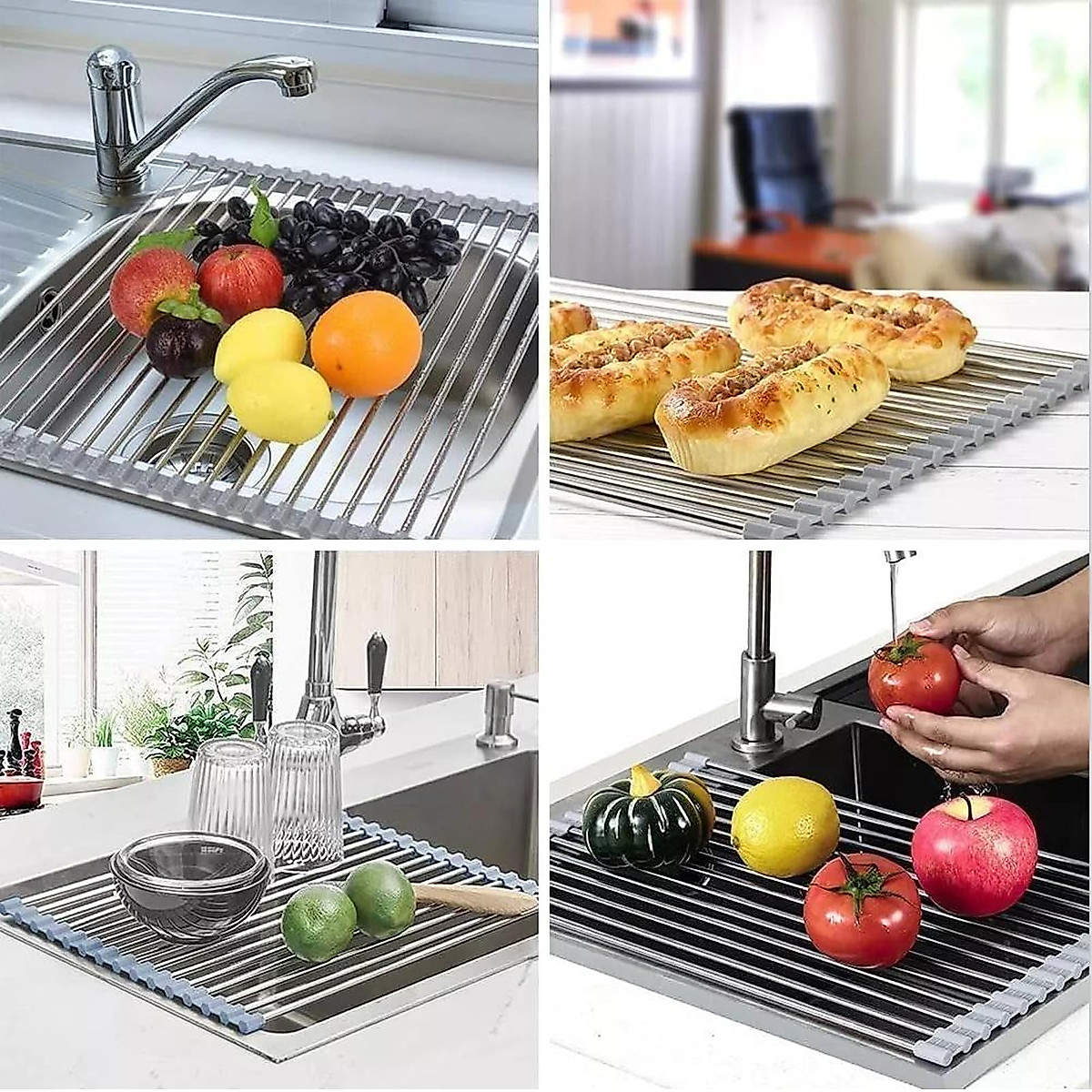 Antspertor Large Roll Up Dish Drying Rack, Over The Sink Multipurpose Roll-Up Dish Racks, 20.5" L x 16" W（Gray） Rolling Stainless Steel Dish Drainer Portable Foldable for Kitchen Counter