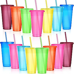 Honeydak Tumbler with Straw and Lid Bulk Water Bottle Iced Coffee Travel Mug Reusable Plastic Cups for Parties Birthdays 24-27 oz(Cute Colors,15 Pack)