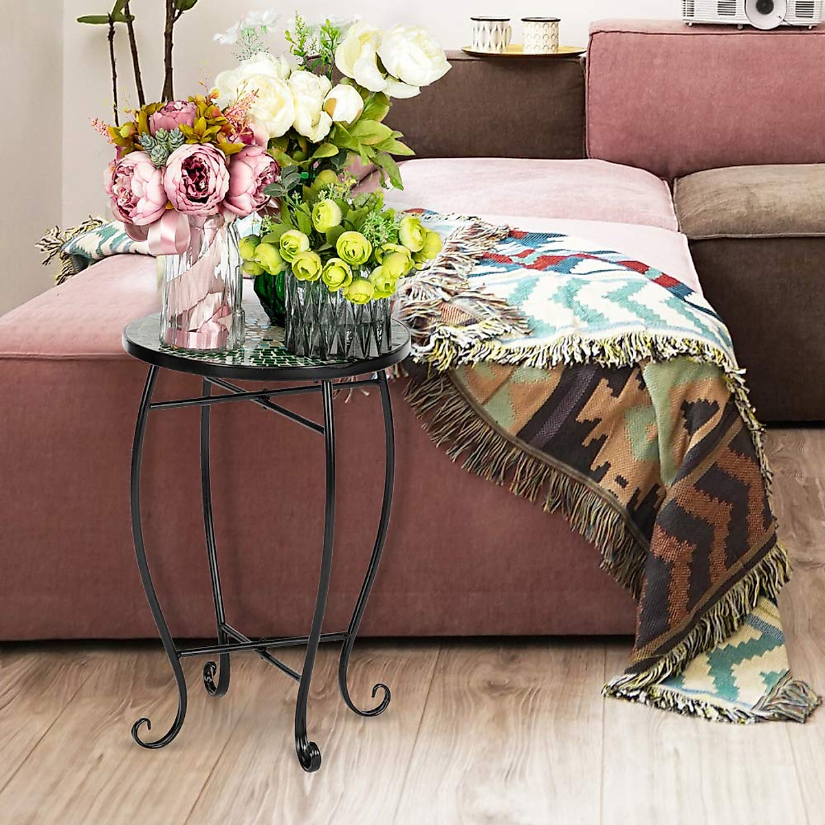 Outdoor Side Table, Metal Coffee End Table, Mosaic Accent Table, Small Terrace Bistro Table, Plant Stand for Patio Porch Beach Balcony, Glass Top & Black Iron, 14 Inch (Green Flowers)