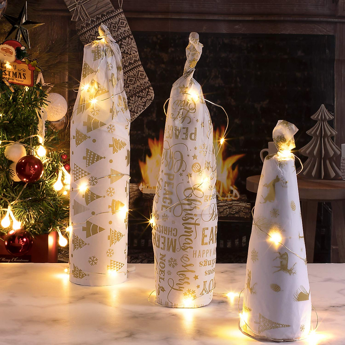 Whaline Christmas Gold Gift Tissue Wrap Paper Set, 120 Sheets Xmas Tree, Reindeer, Snowflake Design for Holiday Wrapping Paper DIY and Craft, 14" x 20"