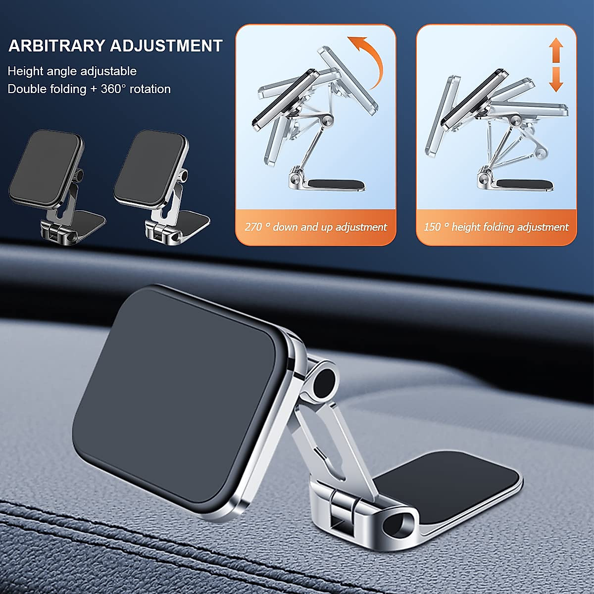 zipelo Phone Holder for Car, Super Strong Magnetic Car Cell Phone Mount Hands Free, Foldable Phone Stand for Automobile, 360° Rotation Universal Dashboard Car Cradle Fits All Smartphones