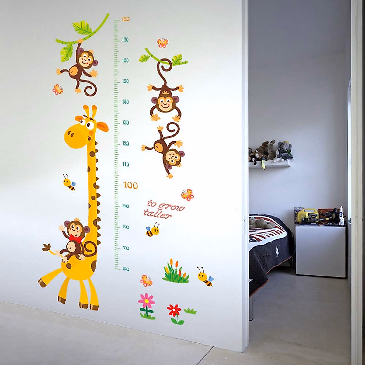Height Growth Chart Wall Sticker Self-Adhesive Children Living Baby Room Decoration Animals Cartoon Wall Stickers Kids Measuring Ruler Height Decals Removable Nursery Bedroom Wallpaper