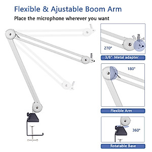 KOMISON Microphone Arm Stand, Mic Arm Microphone Suspension Scissor Boom Stands Heavy Duty and Cable Ties for Blue Yeti Snowball for Gaming, Recording, Quadcast (MS-white)