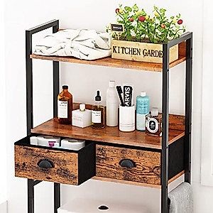 Furnulem Over The Toilet Storage Cabinet with 2 Drawers, 3-Tier Bathroom Organizer Space Saver Rack Wood Shelf, Floor Mount Above Toilet,Freestanding with Adjustable Feet (Rustic Brown)