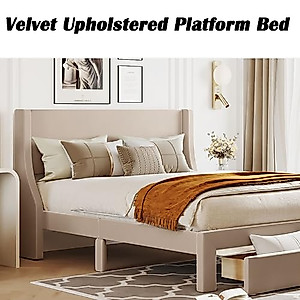 Queen Size Velvet Platform Bed Frame with Headboard, Upholstered Platform Bed Frame with Storage Drawer, No Box Spring Needed, Sturdy Wood Slat Support for Bedroom Boys Girls Teens Room (Queen, Beige)
