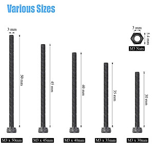 DYWISHKEY 200 Pieces M3 x 30mm/35mm/40mm/45mm/50mm, 12.9 Grade Alloy Steel Hex Socket Head Cap Bolts Screws Nuts Kit with Hex Wrench