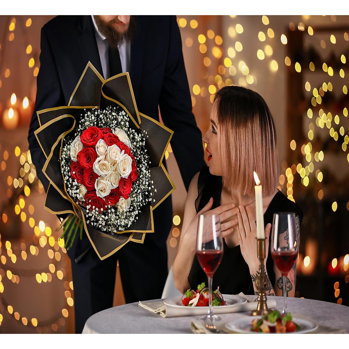 48 Sheets Flower Wrapping Paper , Wrapping Paper with 24 Butterflies 3D and 3 Satin Ribbon , Bouquet Wrapping Paper Waterproof , Papel para Ramos de Flores , Floral Wrapping Paper, Floral Paper (4 Colors)