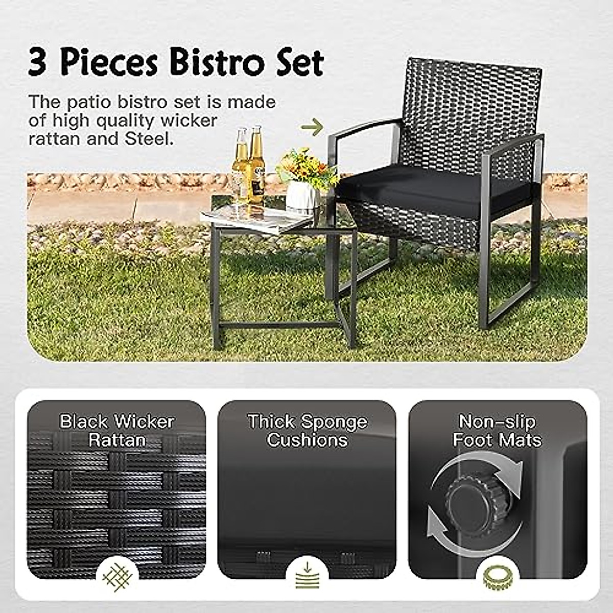 GUNJI Patio Furniture Sets 3 Pieces Outdoor Conversation Set with Coffee Table Patio Wicker Rattan Chairs Set Bistro Sets for Garden, Yard, Lawn, and Balcony (Black)