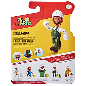 Super Mario Action Figure 4 Inch Fire Luigi Collectible Toy with Fire Flower Accessory