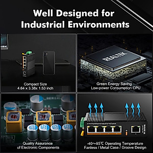 MokerLink 5 Port PoE Industrial DIN-Rail Network Switch, 60W IEEE802.3af/at PoE Power, 10/100Mbps Fast Ethernet, IP40 Rated Network Switch (-40 to 185°F), with UL Power Supply