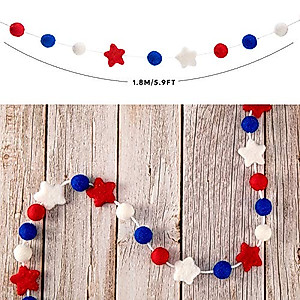 CINPIUK 4th of July Garland Felt Ball Star Banner Patriotic Red White and Blue Pom Pom Bunting for Independence Day Tiered Tray Decor Memorial Day Labor Day Veterans Day Decoration