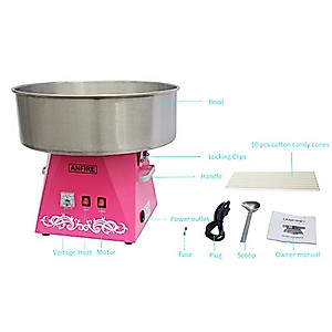 ANFIRE Commercial Electric Cotton Candy Machine Pink Candy Floss Maker for Kits or Party - Includes 10 Cones & Scoop