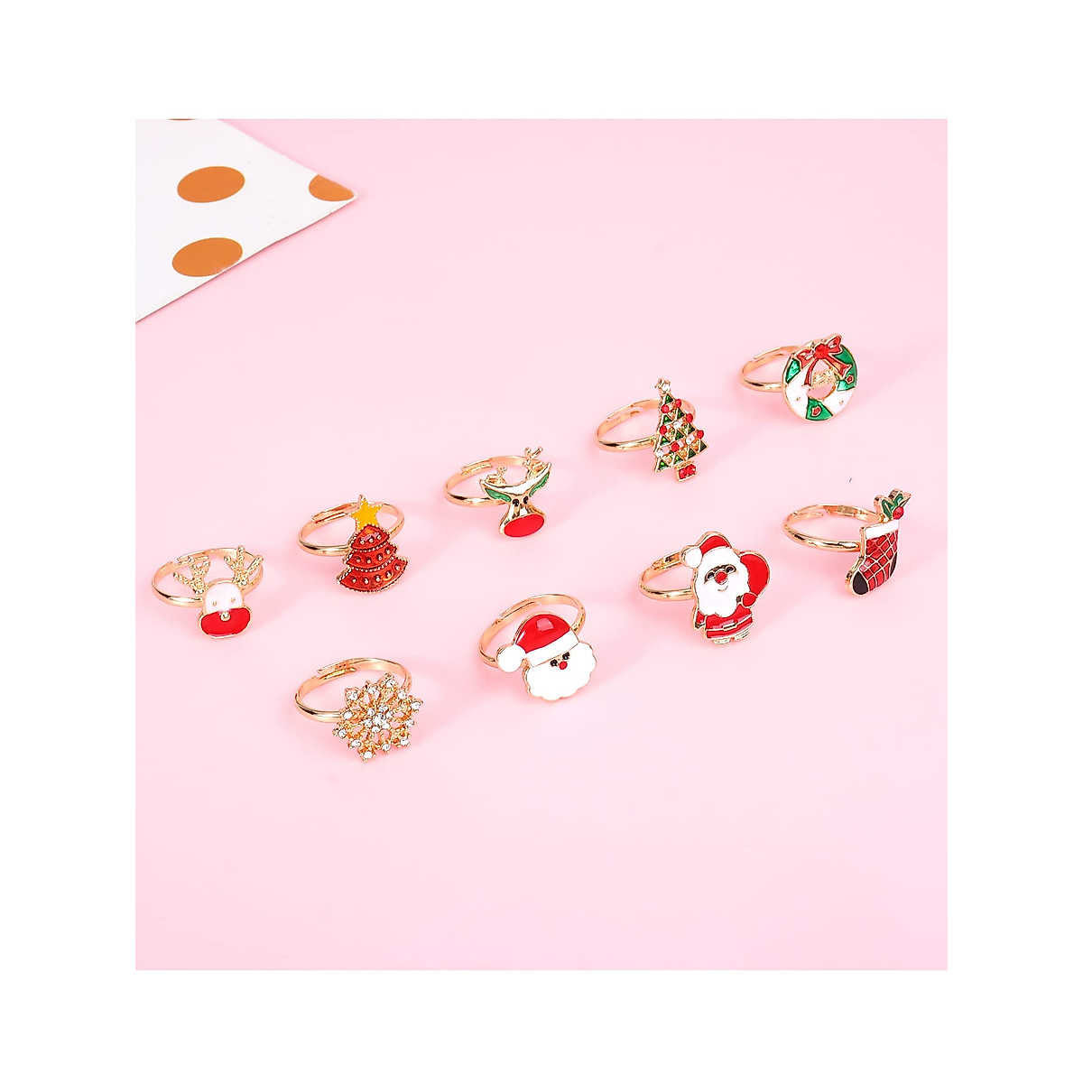 Frodete 9 Pcs Christmas Rings for Women,Rhinestone Christmas Ring Set Gold Santa Claus Bow Snowflake Reindeer Rings for Girls