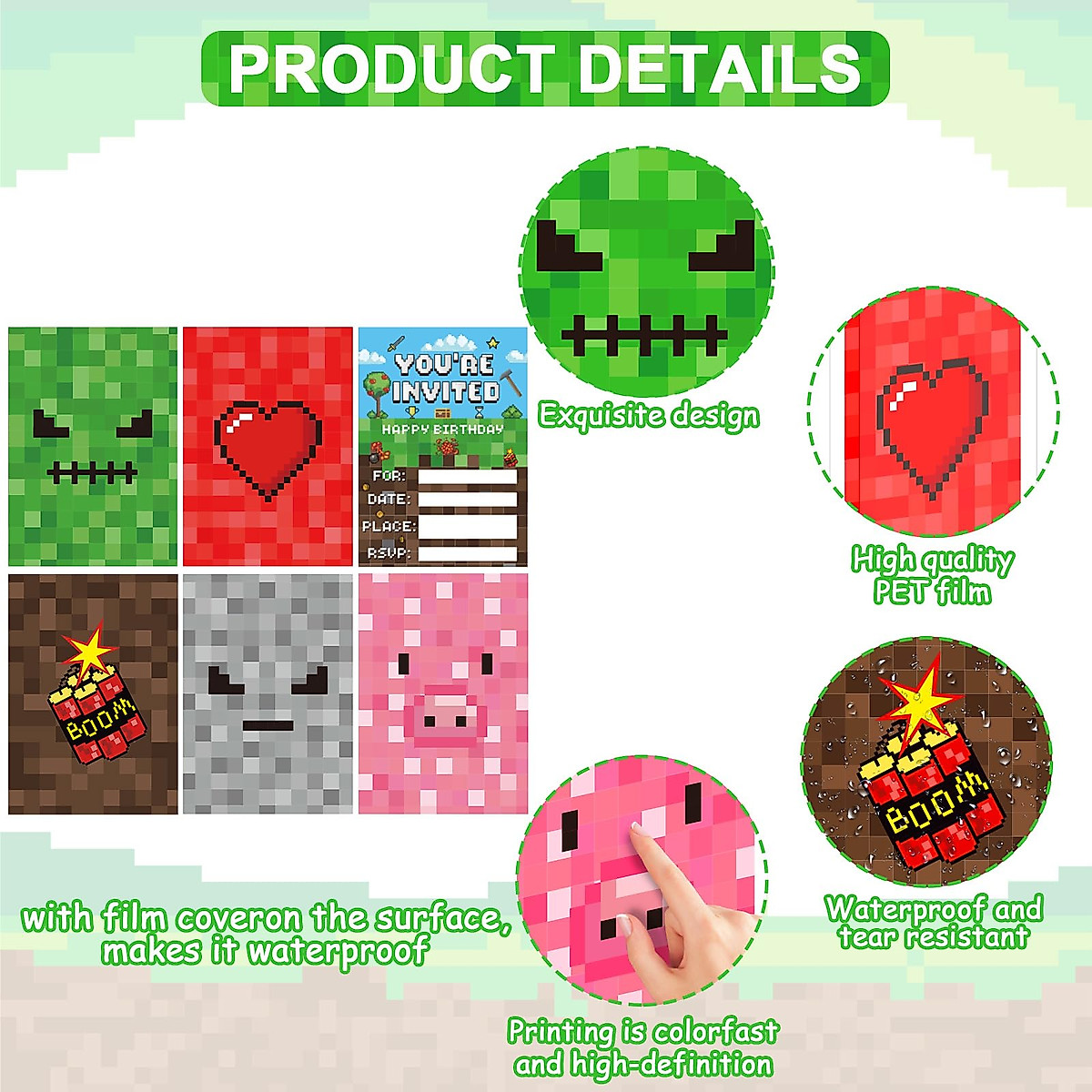 ZOIIWA Pixel Party Invitations with Envelopes, 30 Pieces, Video Game Themed Birthday Party Decorations