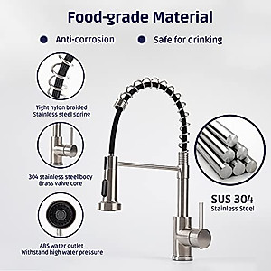 Allkorma Kitchen Faucet with Pull Down Sprayer, Commercial Spring Faucet for Sink, Brushed Nickel, SUS 304 Stainless Steel, Single Handle, 17.6"