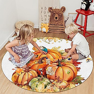 Autumn Pumpkins Round Area Rug 3ft,Washable Outdoor Indoor Carpet Runner Rug for Bedroom,Kitchen,Living Room,Office,Area+Rug Small Bath Door Desk Floor Mat Thanksgiving Eucalyptus Maple Leaves