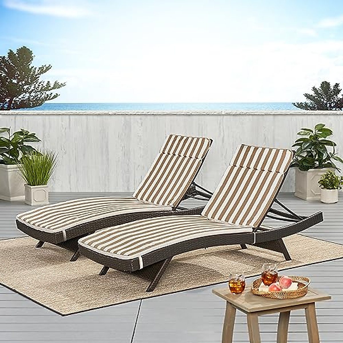 Christopher Knight Home Salem Outdoor Water Resistant Chaise Lounge Cushions, 2-Pcs Set, Brown / White Stripe