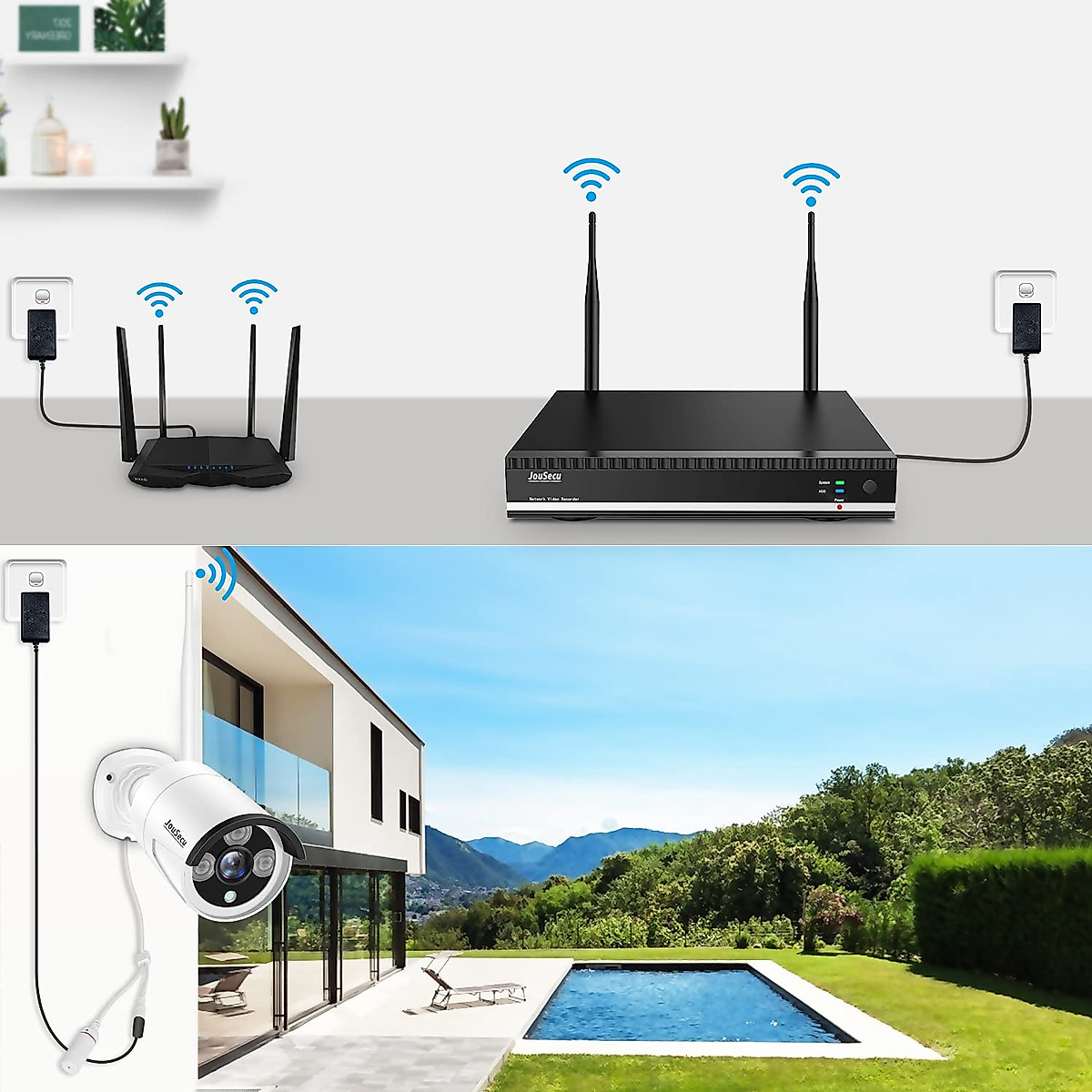 JouSecu Wireless Security Camera System with 8CH NVR Kit 1-Way Audio, 1080P Home WiFi Camera System for Outdoor Indoor Use, 4Pcs IP Wireless Security Camera for Home Night Vision, with 1TB Hard Drive