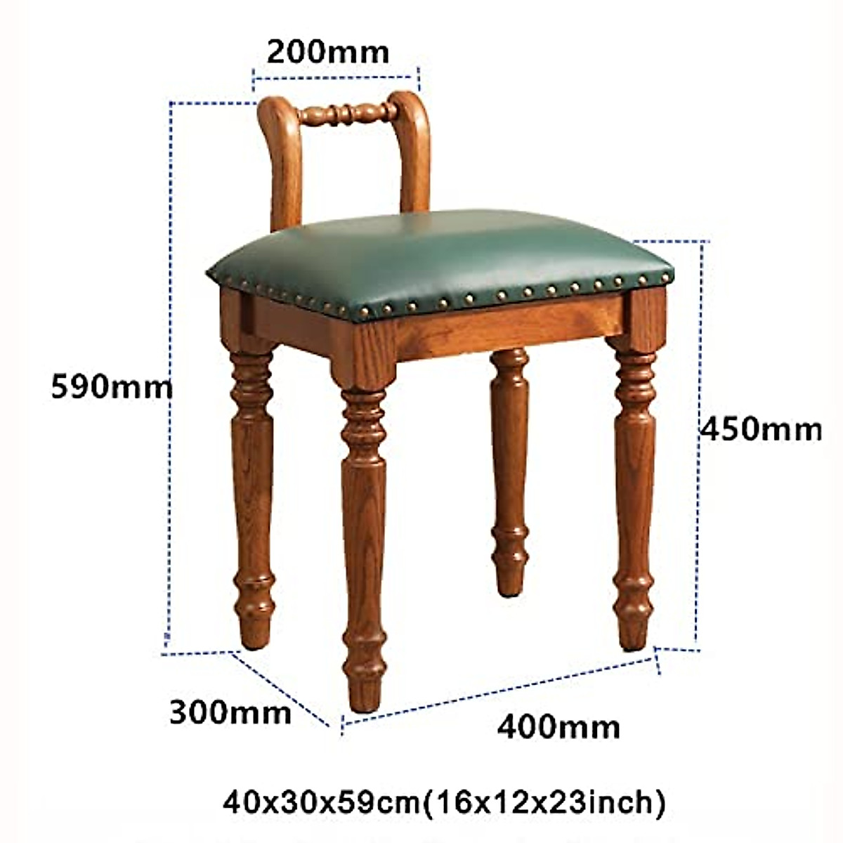 SoOSSN Rustic Vanity Stool with Back,Leather Upholstered Plan Bench Seat Dressing Stool,Wooden Carved Accent Chair Makeup Stool for Bedroom Living Room (Color : F, Size : 16x12x23inch)