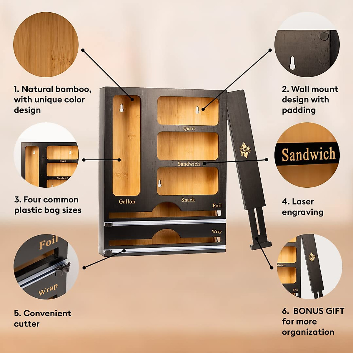 Tidy Hero - Ziplock Bag Organizer with Foil and Wrap Dispenser - 6 IN 1 Luxury Bamboo Plastic Bag Organizers with Cutter for Kitchen Drawers, Kitchen Organization Gadgets for Home, Gift, Black