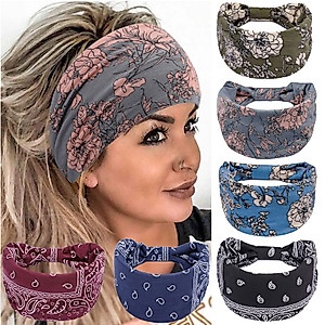 Headbands for Women, 6 PCS Wide Boho Headbands Elastic Bandana Non Slip Sweat Fashion Large Headwraps Hair Bands Headwear fit All Head Sizes for Workout, Sports, Running, Yoga (Set 2)