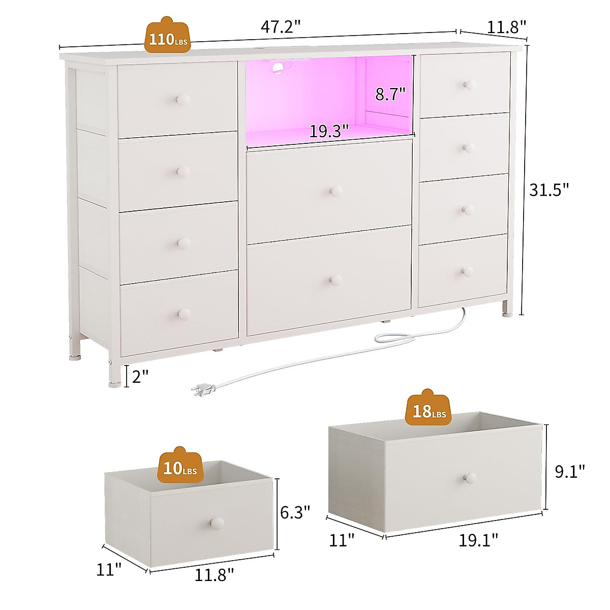 LDTTCUK Dresser with Charging Station and LED Lights, Long Dresser for Bedroom Dresser TV Stand with 10 Drawers, Fabric Chest of Drawers with PU Finish, Wide Dresser Storage Organizer, White