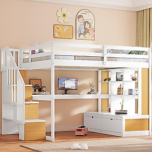 MERITLINE Full Size Loft Bed with Desk and Storage Stairs, Wood Loft Bed Full with Shelves & 2 Storage Drawers,Full Loft Bed with Desk Underneath for Kids Teens Boys Girls,White and Natural