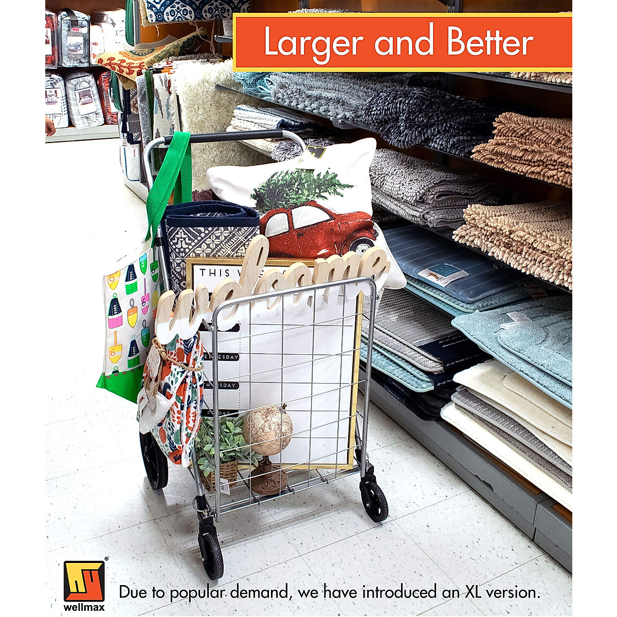 Wellmax Grocery Shopping Cart with Adjustable Handle and Swivel Wheels, Heavy Duty Foldable and Collapsible Utility Cart