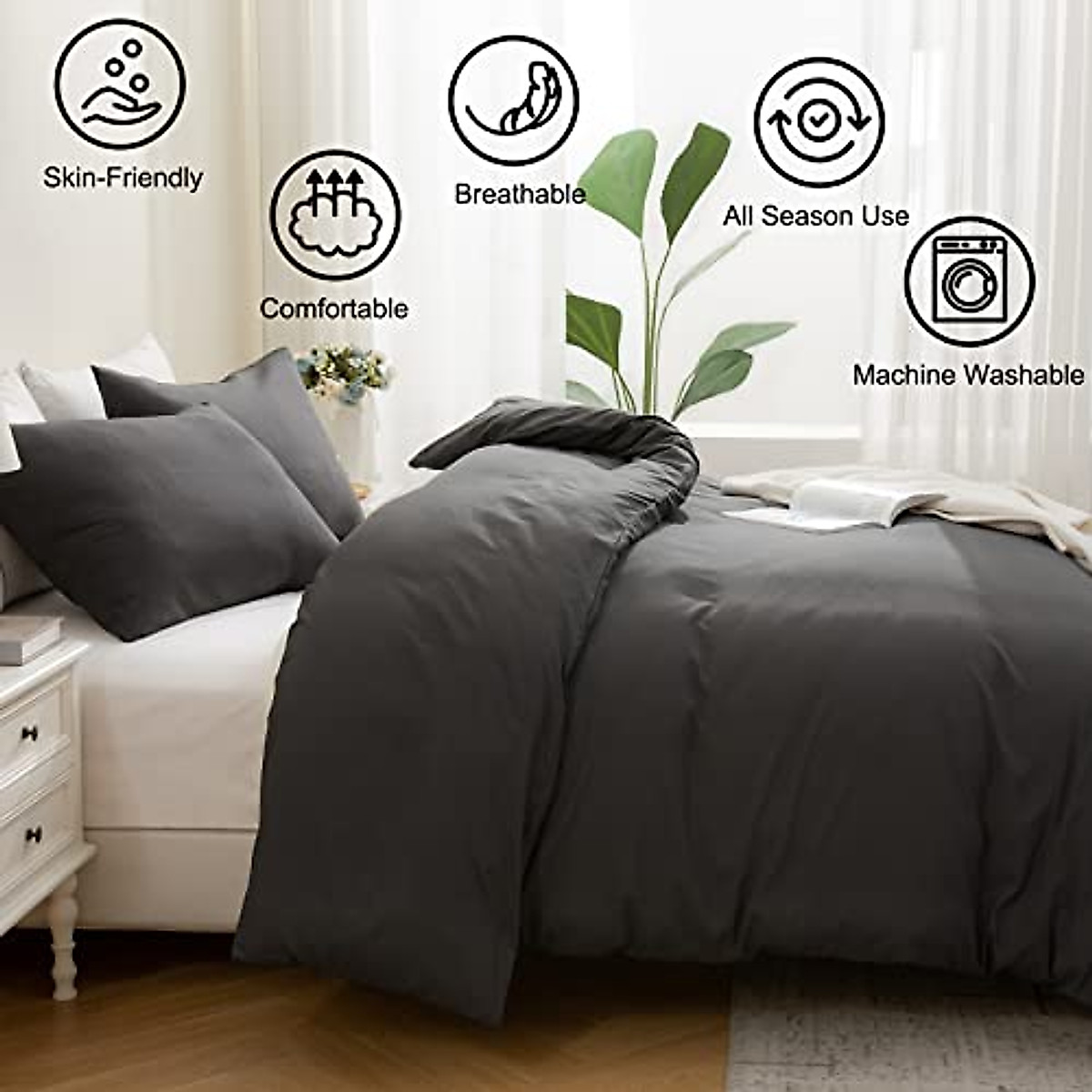 mafudoxi Duvet Cover Queen, 3 Piece Duvet Cover Set Ultra Soft and Breathable Bedding Duvet Cover Set with Zipper Closure & Corner Ties (Grey 90x90 Inch)