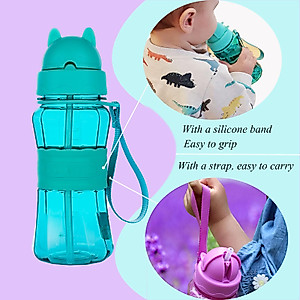 Ecteco Water Bottle for Kids Toddlers Children with Straw Strap 12OZ Leak Proof BPA Free Tritan Drink Bottles for Boys Girls School Students, Cute Lightweight Sturdy Anti-skid